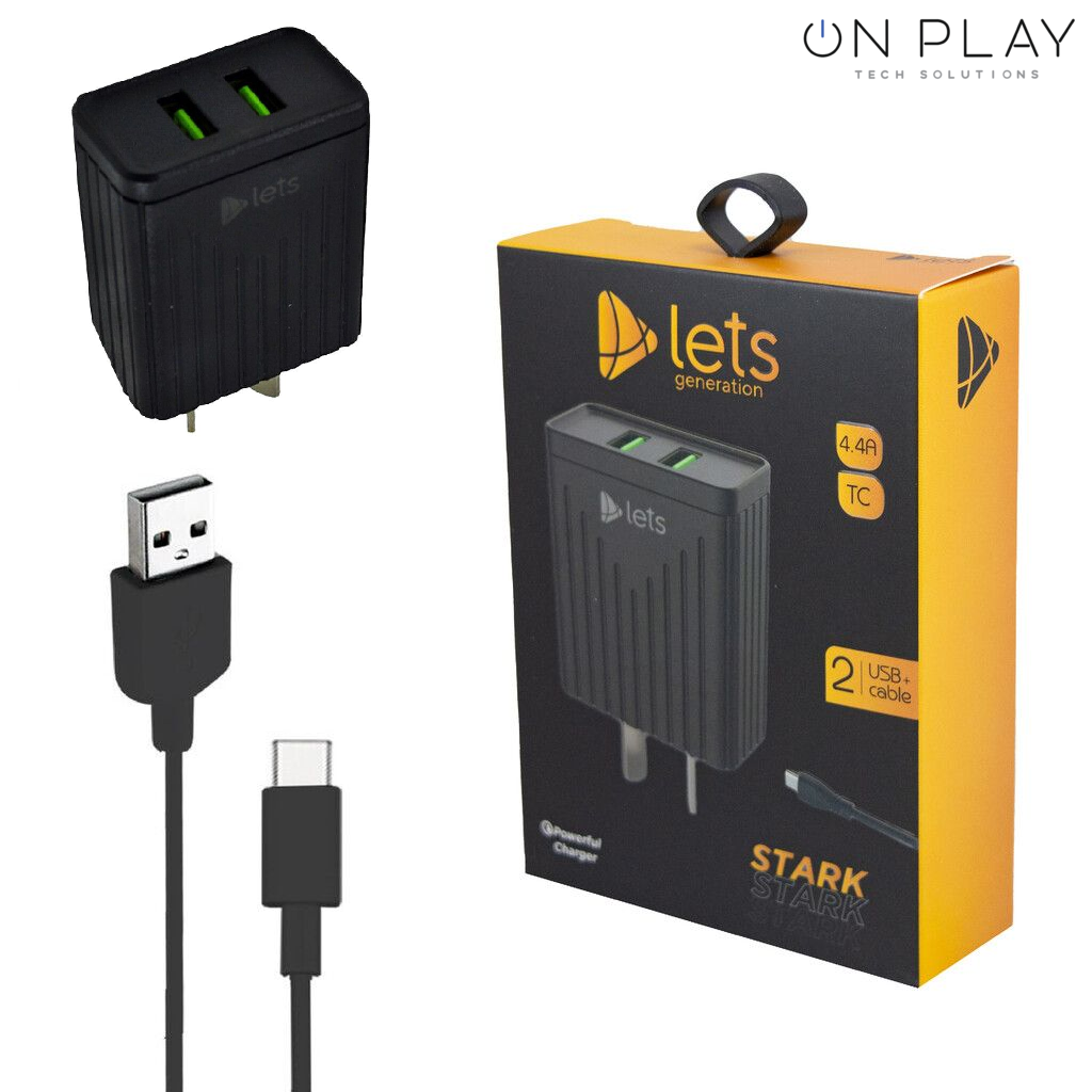 CARGADOR 220V LETS STARK 4.4A 2 USB + CABLE TIPO C